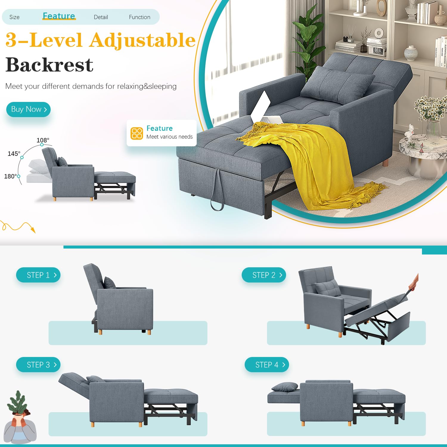 YODOLLA Sleeper Chair, 3 in 1 Chair Bed for Adults, Pull Out Sofa Chair with Pillow and Convertible Backrest, Multi-Functional Fold Out Futon Chair Reading Chair for Small Space (Dark Grey)