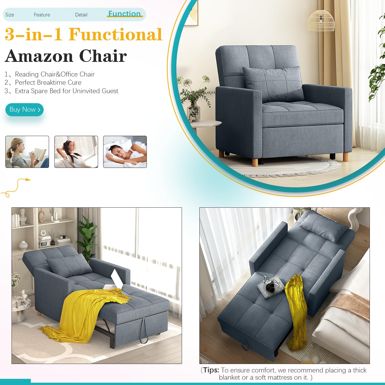 YODOLLA Sleeper Chair, 3 in 1 Chair Bed for Adults, Pull Out Sofa Chair with Pillow and Convertible Backrest, Multi-Functional Fold Out Futon Chair Reading Chair for Small Space (Dark Grey)