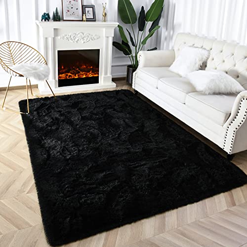 Prabia Super Soft Fluffy Shaggy Rugs 4x5.9 Feet for Living Room Bedroom, Fuzzy Plush Area Rugs for Girls Kids Room Nursery Home Decor, Furry Dorm Rug Cute Non-Slip Indoor Floor Carpet, Black