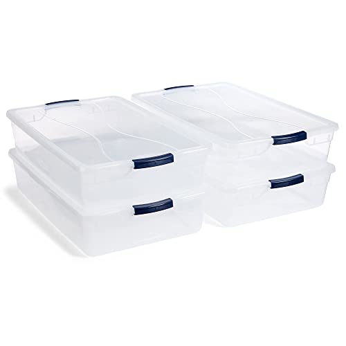 Rubbermaid Cleverstore 41 Quart Plastic Tote Container Bin with Latching Lid and Handles for Reusable, Stackable Home Office Storage, Clear (4 Pack)