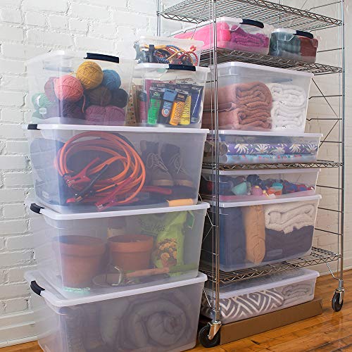 Rubbermaid Cleverstore 41 Quart Plastic Tote Container Bin with Latching Lid and Handles for Reusable, Stackable Home Office Storage, Clear (4 Pack)