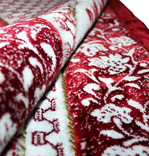 Modefa Turkish Islamic Prayer Rug - Soft & Plush Velvet Praying Carpet - Traditional Muslim Prayer Mat - Muslim Janamaz Sajada - Ramadan or Eid Gift - with Kufi Prayer Cap - Floral Ipek (Red)