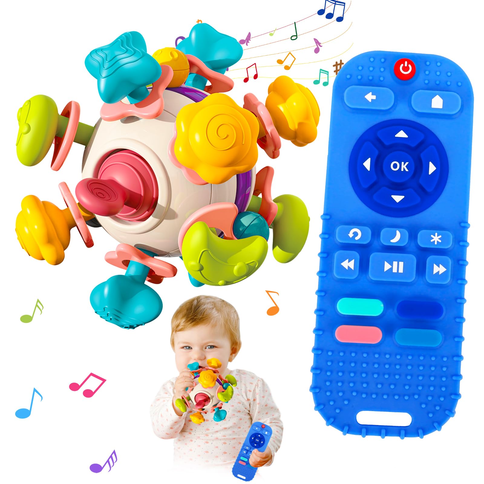 2PCS Teething Toy for Babies 0-6-12 Month Infant Teether Relief Toy for Baby 3-6-12-18 Month Montessori Development TV Remotes Sensory Toy for Newborn 7 8 9 Month Birthday Easter Gift for 1 Year Old