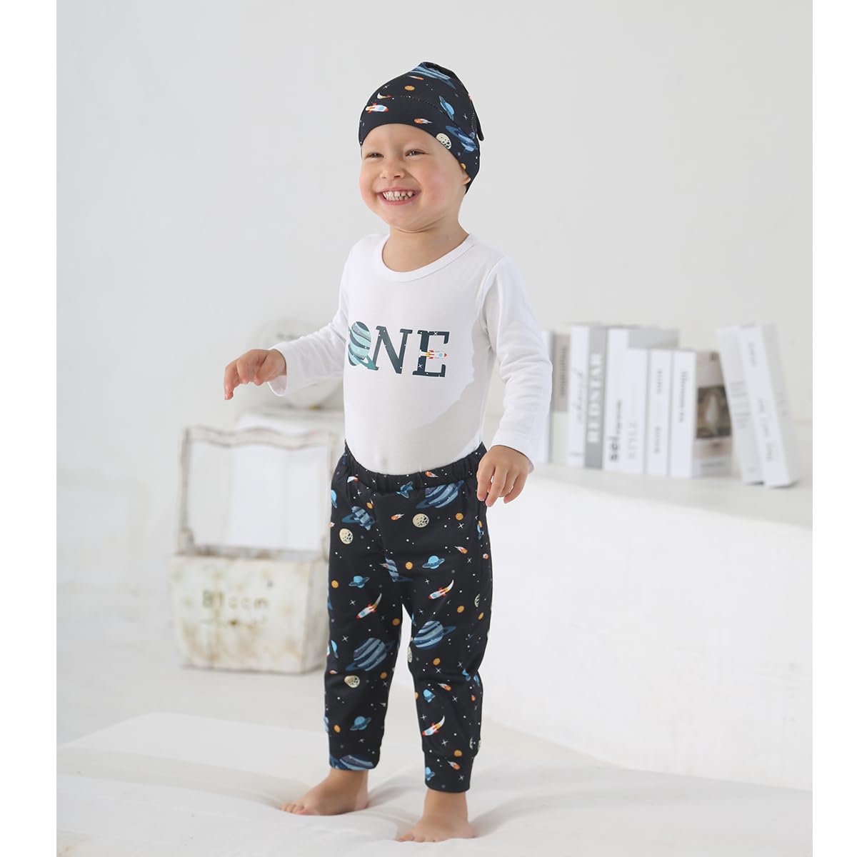 Baby Boy 1st Birthday Outfit Infant Boy First Birthday Clothes Boy Astronauts Cake Smash Bodysuit (White,12-18 Months)