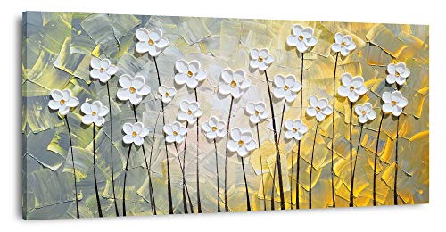 SYGALLERIER White Flower Canvas Wall Art Hand Painted Heavy Textured Paintings Yellow and White Pictures Contemporary Artwork for Living Room Bedroom Dinning Decor
