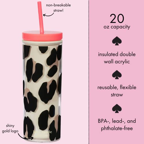 Kate Spade New York Insulated Tumbler with Reusable Straw, Leopard Print 20 Ounce Acrylic Travel Cup with Lid, Forest Feline