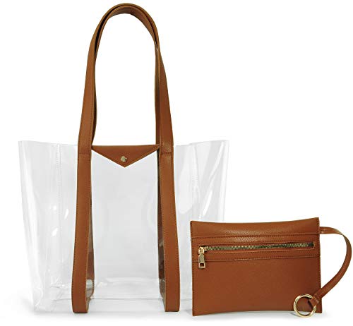Clear Tote with Vegan Leather Pouch Women Weekender PVC Handbag Shopper Work Bag (Brown)