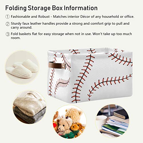 Baseball Stitches Laces Storage Basket Bin Ball Softball Large Fabric Toys Storage Cube Box with Handles Collapsible Closet Shelf Cloth Organizer Basket for Nursery Bedroom