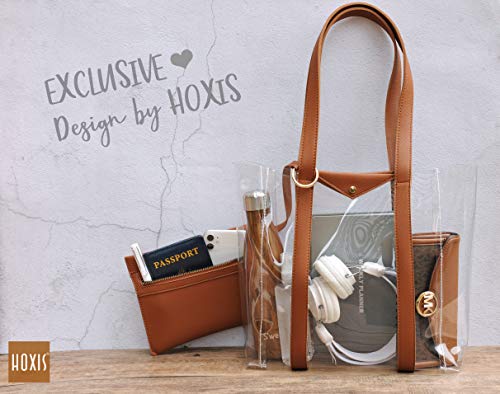 Clear Tote with Vegan Leather Pouch Women Weekender PVC Handbag Shopper Work Bag (Brown)