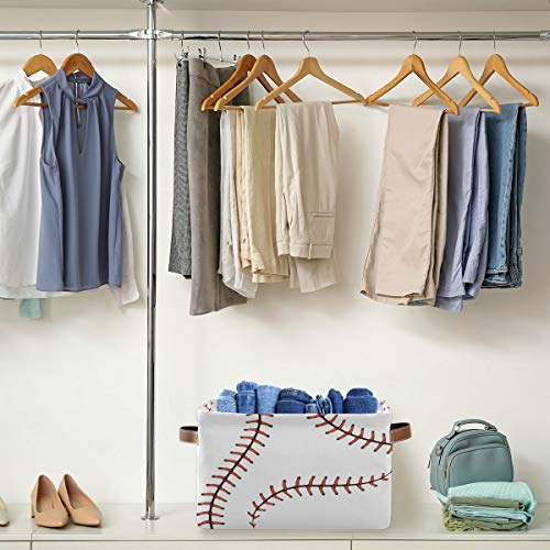 Baseball Stitches Laces Storage Basket Bin Ball Softball Large Fabric Toys Storage Cube Box with Handles Collapsible Closet Shelf Cloth Organizer Basket for Nursery Bedroom