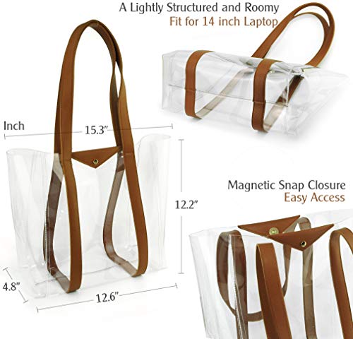 Clear Tote with Vegan Leather Pouch Women Weekender PVC Handbag Shopper Work Bag (Brown)