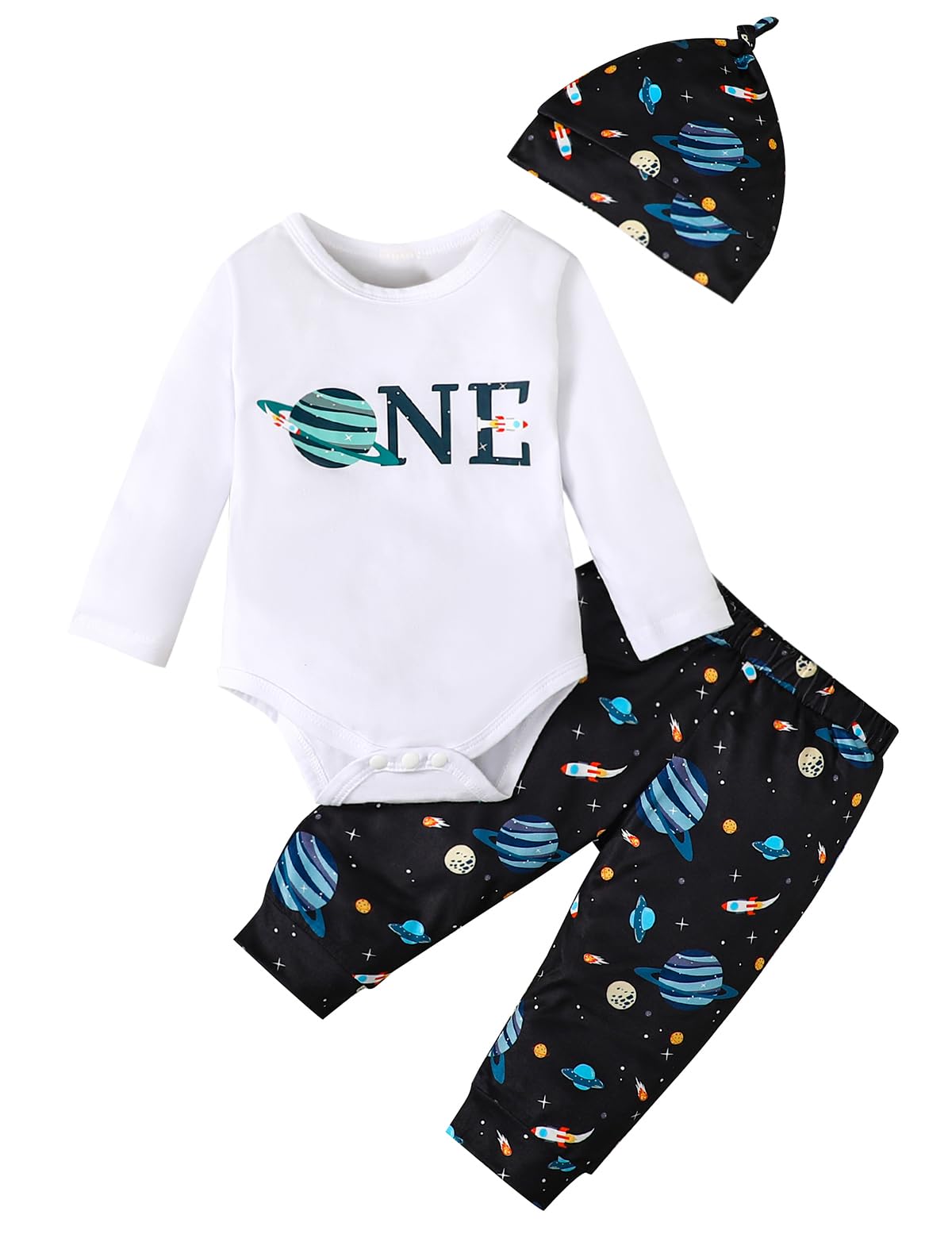 Baby Boy 1st Birthday Outfit Infant Boy First Birthday Clothes Boy Astronauts Cake Smash Bodysuit (White,12-18 Months)