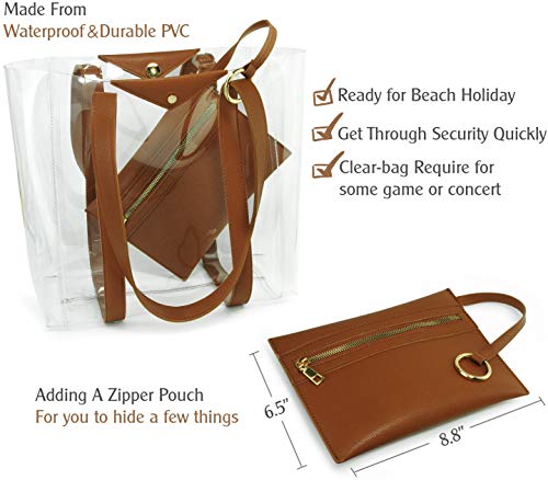 Clear Tote with Vegan Leather Pouch Women Weekender PVC Handbag Shopper Work Bag (Brown)
