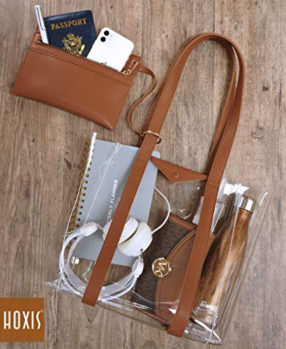 Clear Tote with Vegan Leather Pouch Women Weekender PVC Handbag Shopper Work Bag (Brown)