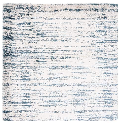 SAFAVIEH Hudson Shag Collection 7' Square Ivory / Slate Blue SGH299A Modern Abstract Non-Shedding Living Room Bedroom Dining Room Entryway Plush 2-inch Thick Area Rug