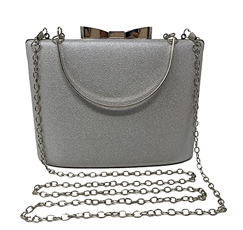 Cirilla Women PU Evening Bag Clutch Purse Crossbody Bag with Bow-style lock for Wedding Cocktail Party Banquet (SILVER)