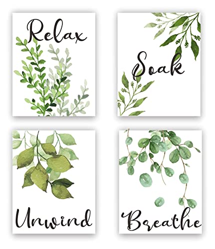 Nelly Story Relax Soak Unwind Breathe Green Leaf Bathroom Wall Decor Set of 4 Washroom Toilet Decor Botanical Art Prints Green Leaves Poster Green Bathroom Art Eucalyptus Wall Decor (8x10inch) Unframed