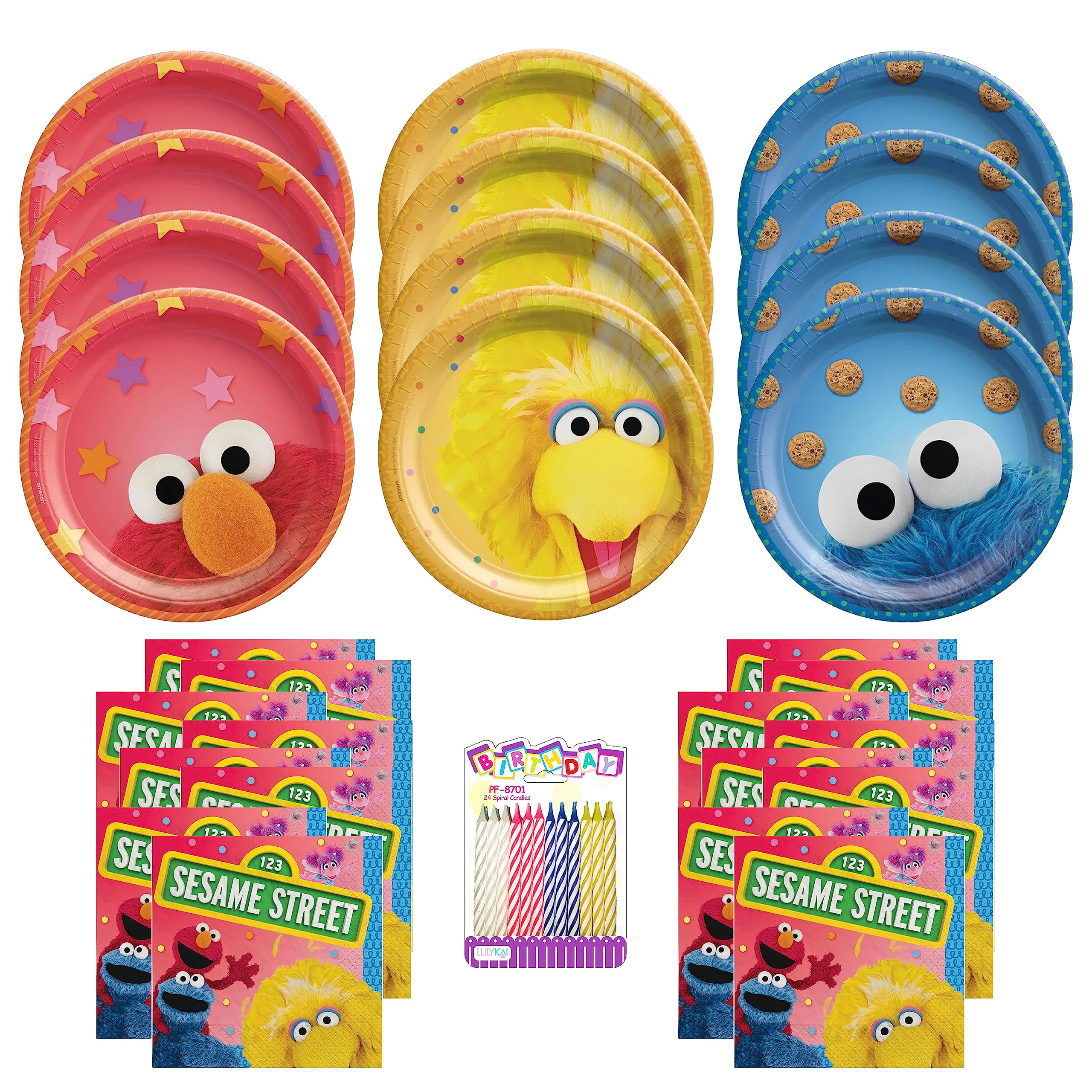 Sesame Street Party Supplies Pack Serves 16 Guest: Assorted 7" Plates and Beverage Napkins - Includes Birthday Candles (Bundle for 16)