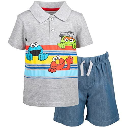 Sesame Street Oscar the Grouch Cookie Monster Elmo Infant Baby Boys Polo Shirt and Shorts Gray/Blue 24 Months
