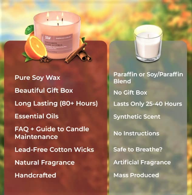 Cinnamon Clove Citrus Scented Candle with Vanilla, Ginger & Cedarwood | Highly Scented 3 Wick Soy Candles for Home 15.8 oz | Large Relaxing Aromatherapy Candle for Men & Women, Natural Cinnamon Candle