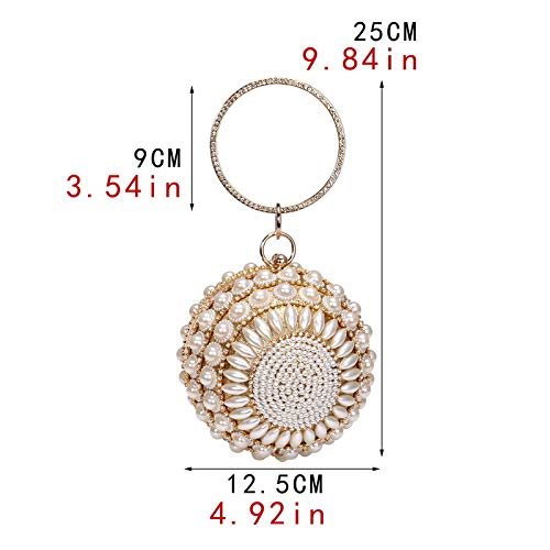UMREN Women Round Clutch Ball Evening Bag Dazzling Full Beaded Artificial Pearls Handbag for Wedding Parites Prom Gold