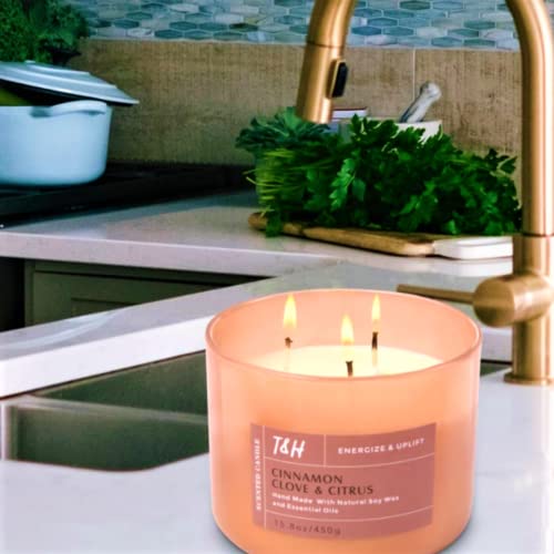 Cinnamon Clove Citrus Scented Candle with Vanilla, Ginger & Cedarwood | Highly Scented 3 Wick Soy Candles for Home 15.8 oz | Large Relaxing Aromatherapy Candle for Men & Women, Natural Cinnamon Candle