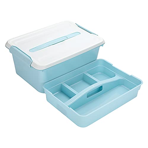JUXYES Latchmate Stack Carry Storage Box with Divided Tray, Large Art Craft Supply Stackable Storage Container Bin with Handle Lid Latching Storage Container for School & Office Supplies