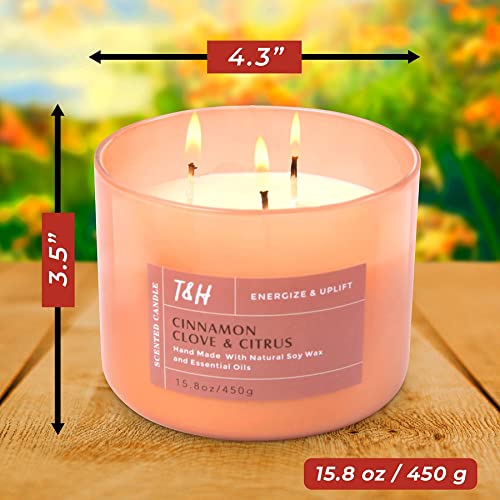 Cinnamon Clove Citrus Scented Candle with Vanilla, Ginger & Cedarwood | Highly Scented 3 Wick Soy Candles for Home 15.8 oz | Large Relaxing Aromatherapy Candle for Men & Women, Natural Cinnamon Candle