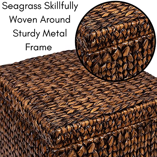 BirdRock Home Storage Cube Box with Lid - Brown Wash Seagrass - Hand Woven Container for Blankets Pillows - Sturdy Metal Frame