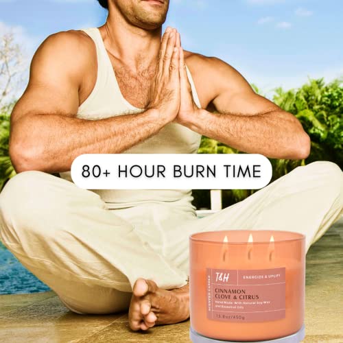 Cinnamon Clove Citrus Scented Candle with Vanilla, Ginger & Cedarwood | Highly Scented 3 Wick Soy Candles for Home 15.8 oz | Large Relaxing Aromatherapy Candle for Men & Women, Natural Cinnamon Candle