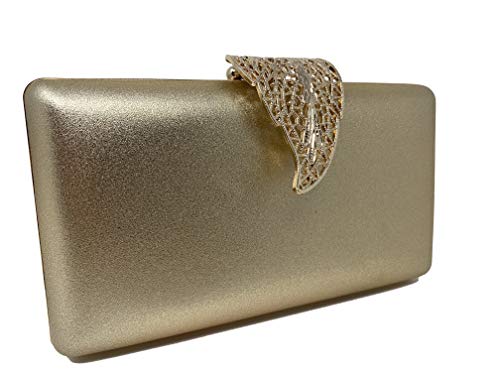 Cirilla Women PU Evening Bag Clutch Purse Crossbody Bag with leaf-style flip lock for Wedding Cocktail Party Banquet (Gold)