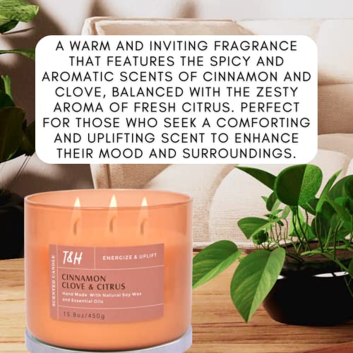 Cinnamon Clove Citrus Scented Candle with Vanilla, Ginger & Cedarwood | Highly Scented 3 Wick Soy Candles for Home 15.8 oz | Large Relaxing Aromatherapy Candle for Men & Women, Natural Cinnamon Candle