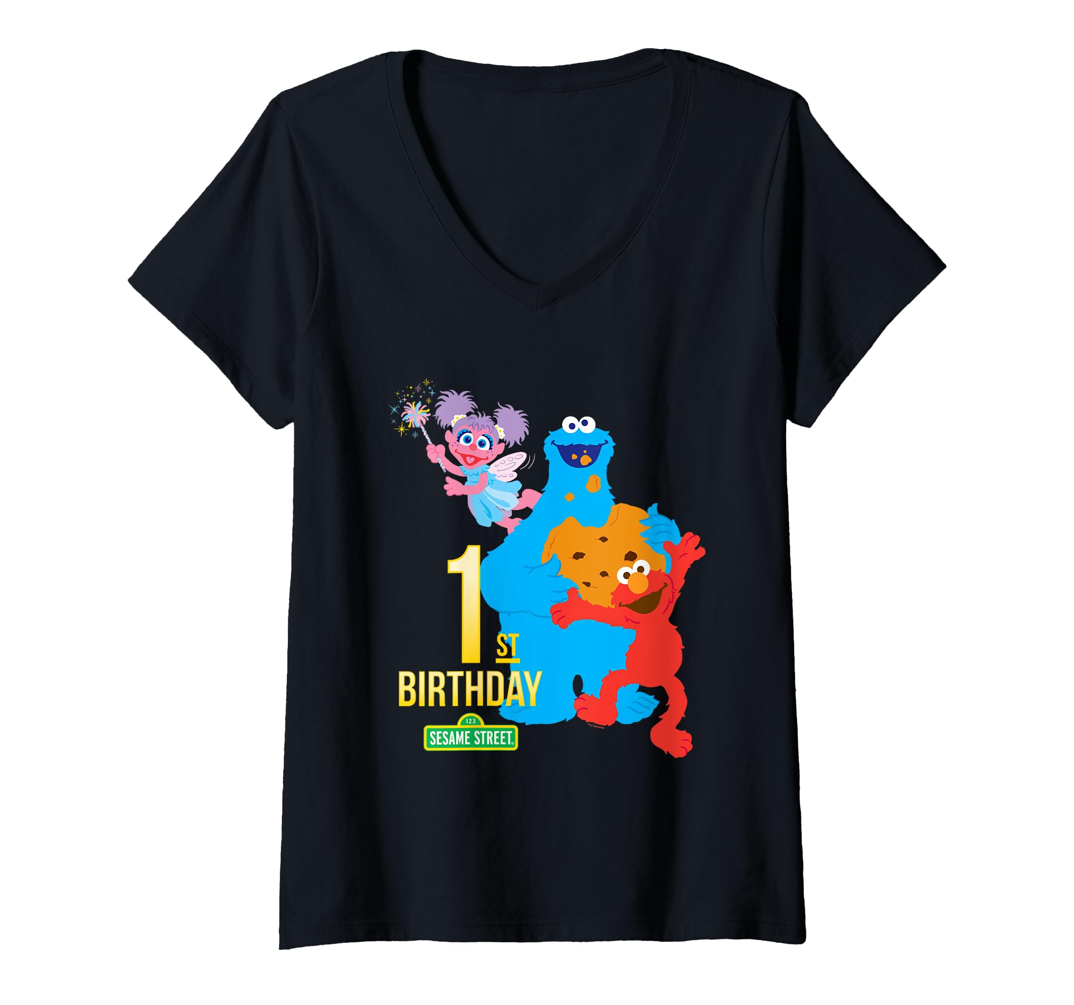 Womens Sesame Street 1st Birthday V-Neck T-Shirt