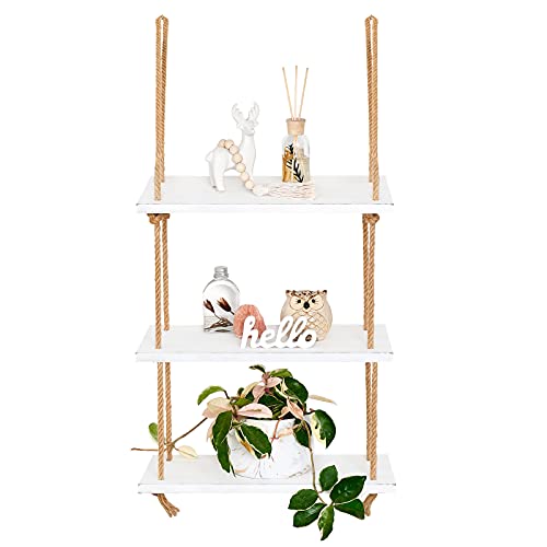 Mkono Hanging Shelves 3 Tier White Wood Wall Mount Floating Shelf with Rope Boho Decor for Living Room Bathroom Bedroom Kitchen Apartment - Rustic Wood Decorative Storage Shelf