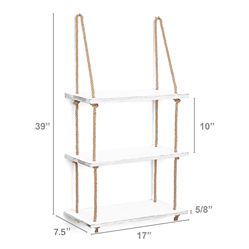 Mkono Hanging Shelves 3 Tier White Wood Wall Mount Floating Shelf with Rope Boho Decor for Living Room Bathroom Bedroom Kitchen Apartment - Rustic Wood Decorative Storage Shelf