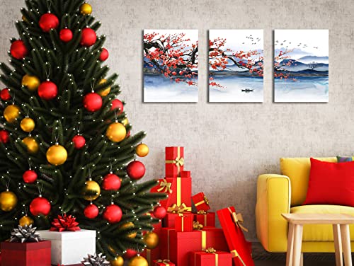 Canvas Art Wall Decor for Bedroom 3 Pieces Framed Wall Art Modern Wall Decor for Bathroom Mountain Lake Plum Blossom Theme Art Prints Modern Wall Art Artwork for Kitchen Home Walls 12x16 Each Panel