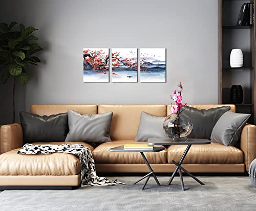Canvas Art Wall Decor for Bedroom 3 Pieces Framed Wall Art Modern Wall Decor for Bathroom Mountain Lake Plum Blossom Theme Art Prints Modern Wall Art Artwork for Kitchen Home Walls 12x16 Each Panel