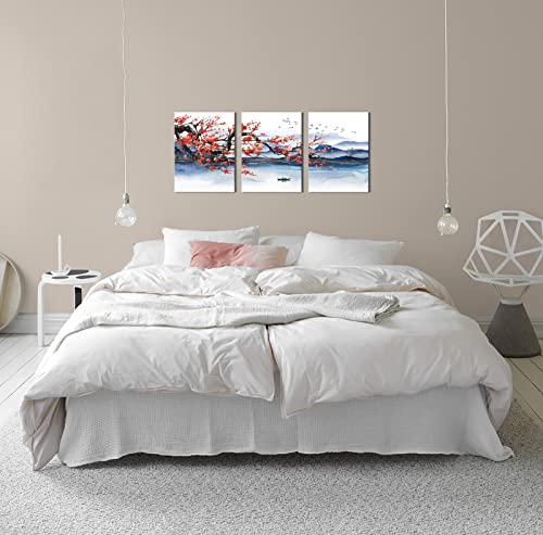 Canvas Art Wall Decor for Bedroom 3 Pieces Framed Wall Art Modern Wall Decor for Bathroom Mountain Lake Plum Blossom Theme Art Prints Modern Wall Art Artwork for Kitchen Home Walls 12x16 Each Panel