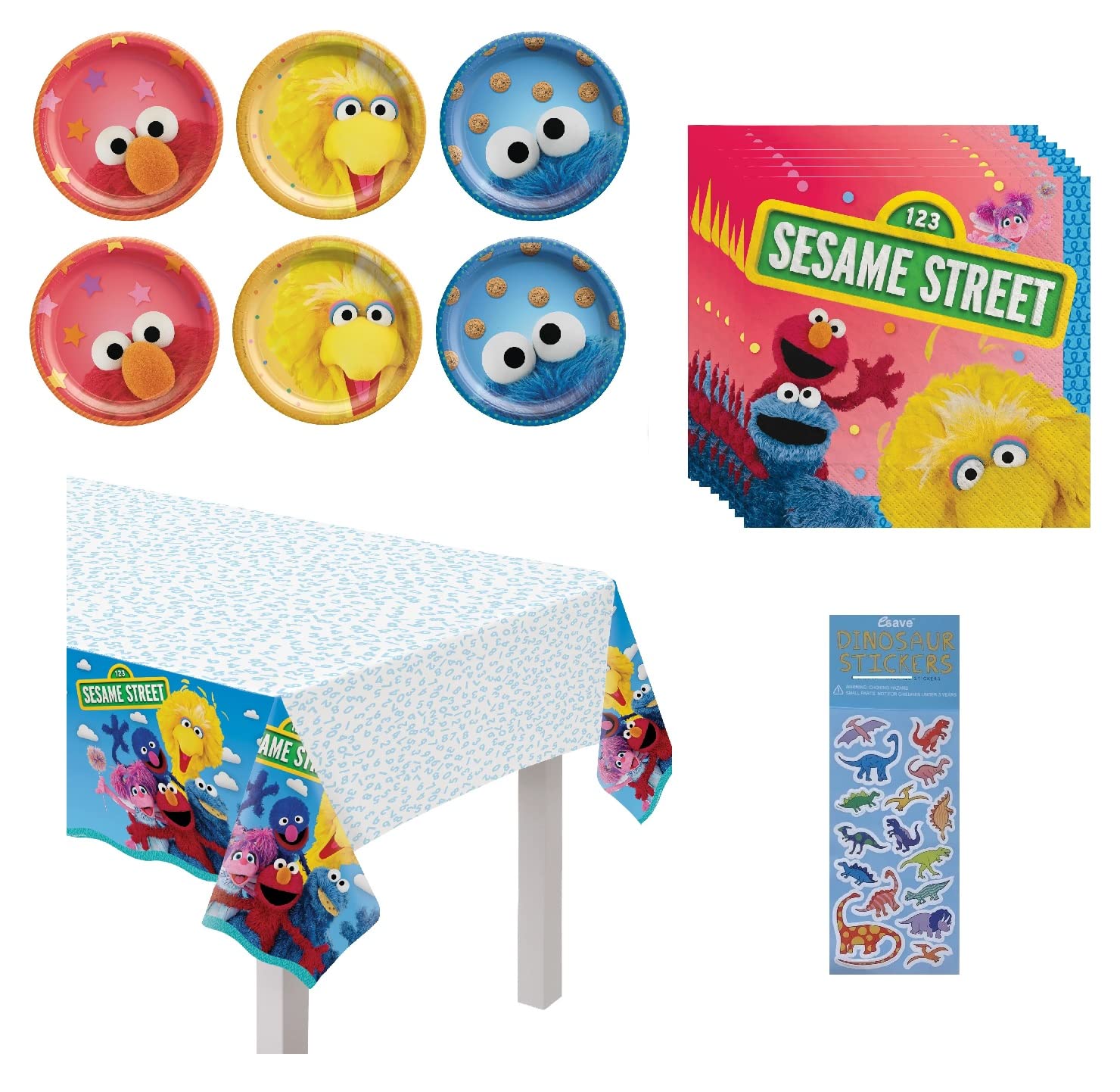 Sesame Street Elmo Big Bird Cookie Monster Birthday Party Supplies Bundle includes 16 Dessert Cake Paper Plates, 16 Napkins, 1 Table Cover (Bundle for 16)