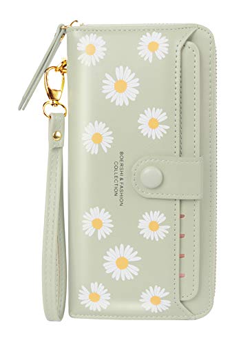 Nawoshow Women Leather Wallet RFID Blocking Zipper Pocket Wallet Card Case Purse with ID Window (Green(Flower))