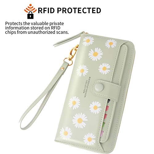 Nawoshow Women Leather Wallet RFID Blocking Zipper Pocket Wallet Card Case Purse with ID Window (Green(Flower))