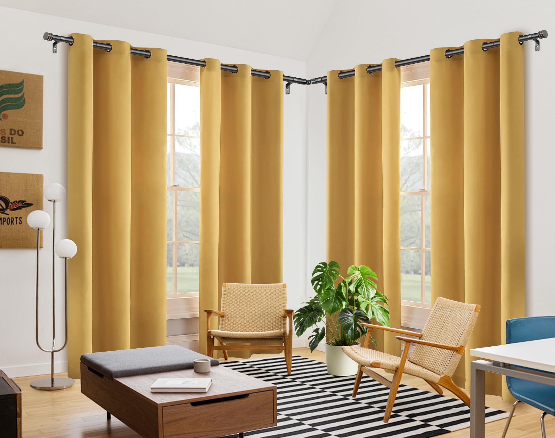 Heavy Duty Corner Window Curtain Rods 36 to 72 Inch, HOTOZON 1 Inch Telescoping Single Drapery Rod, Black, End Cap Finials