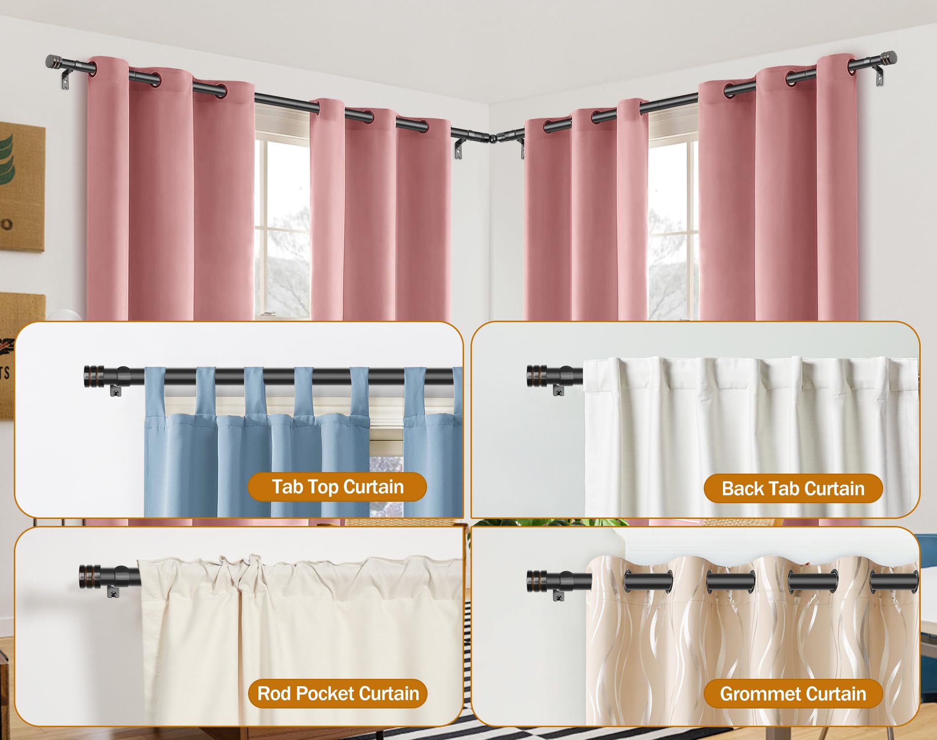 Heavy Duty Corner Window Curtain Rods 36 to 72 Inch, HOTOZON 1 Inch Telescoping Single Drapery Rod, Black, End Cap Finials