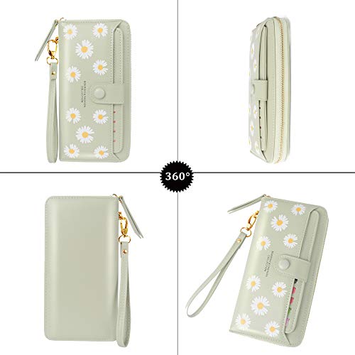 Nawoshow Women Leather Wallet RFID Blocking Zipper Pocket Wallet Card Case Purse with ID Window (Green(Flower))