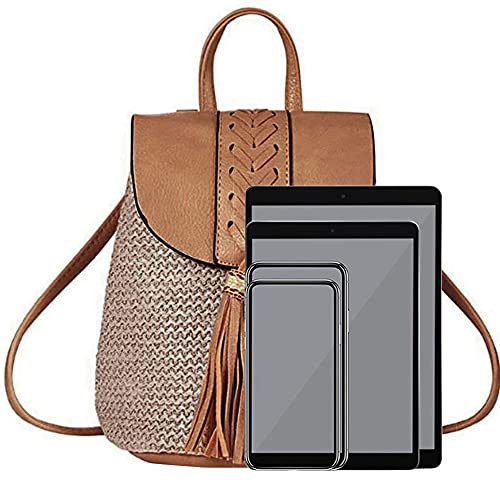 Meyaus Women Small Braid Tassels Straw Woven Backpack PU Leather Flap Drawstring Daypack Shoulder Bag