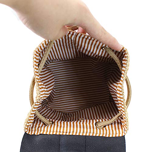 Meyaus Women Small Braid Tassels Straw Woven Backpack PU Leather Flap Drawstring Daypack Shoulder Bag