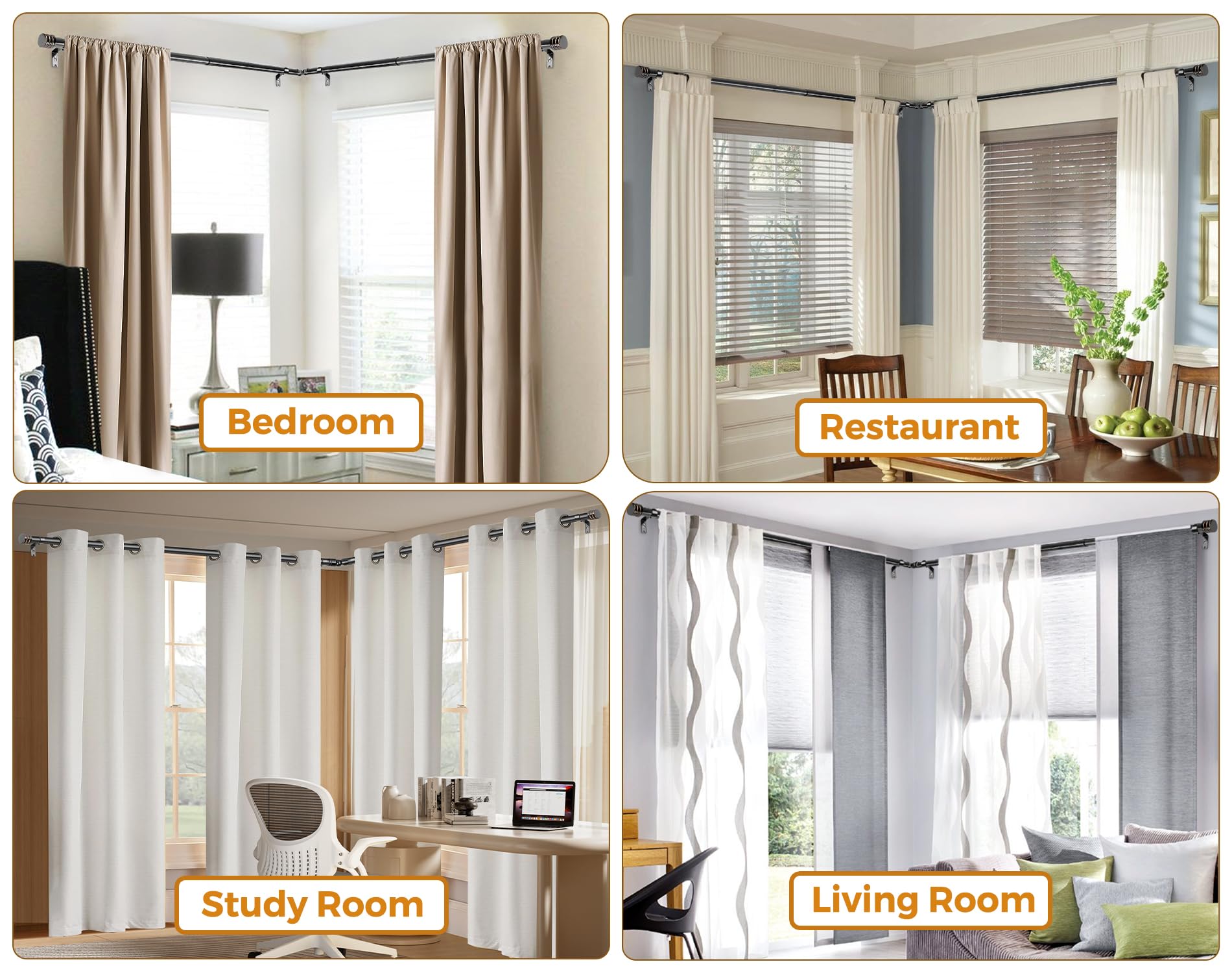 Heavy Duty Corner Window Curtain Rods 36 to 72 Inch, HOTOZON 1 Inch Telescoping Single Drapery Rod, Black, End Cap Finials