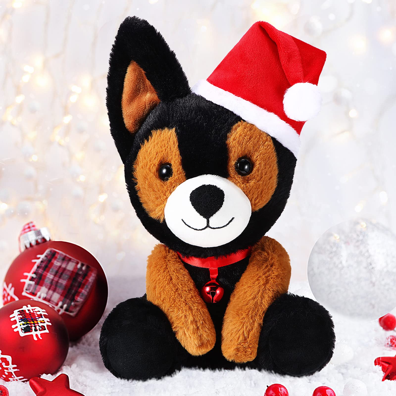 Threan 8 Inch Christmas Stuffed Animal Christmas Plush Doll with Santa Hat for Holiday Decoration Winter Gifts(Dog Style)