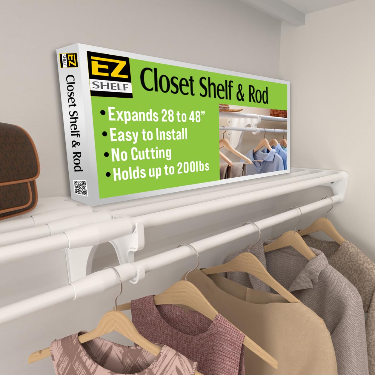 EZ Shelf DIY Expandable Closet Shelf & Rod - 28” - 48” - White - Mounts to 2 Sidewalls (No End Brackets) - Easy to Install-Strong - Wire Shelving Alternative - Rod & Shelf Kit (EZS-SCRW48)