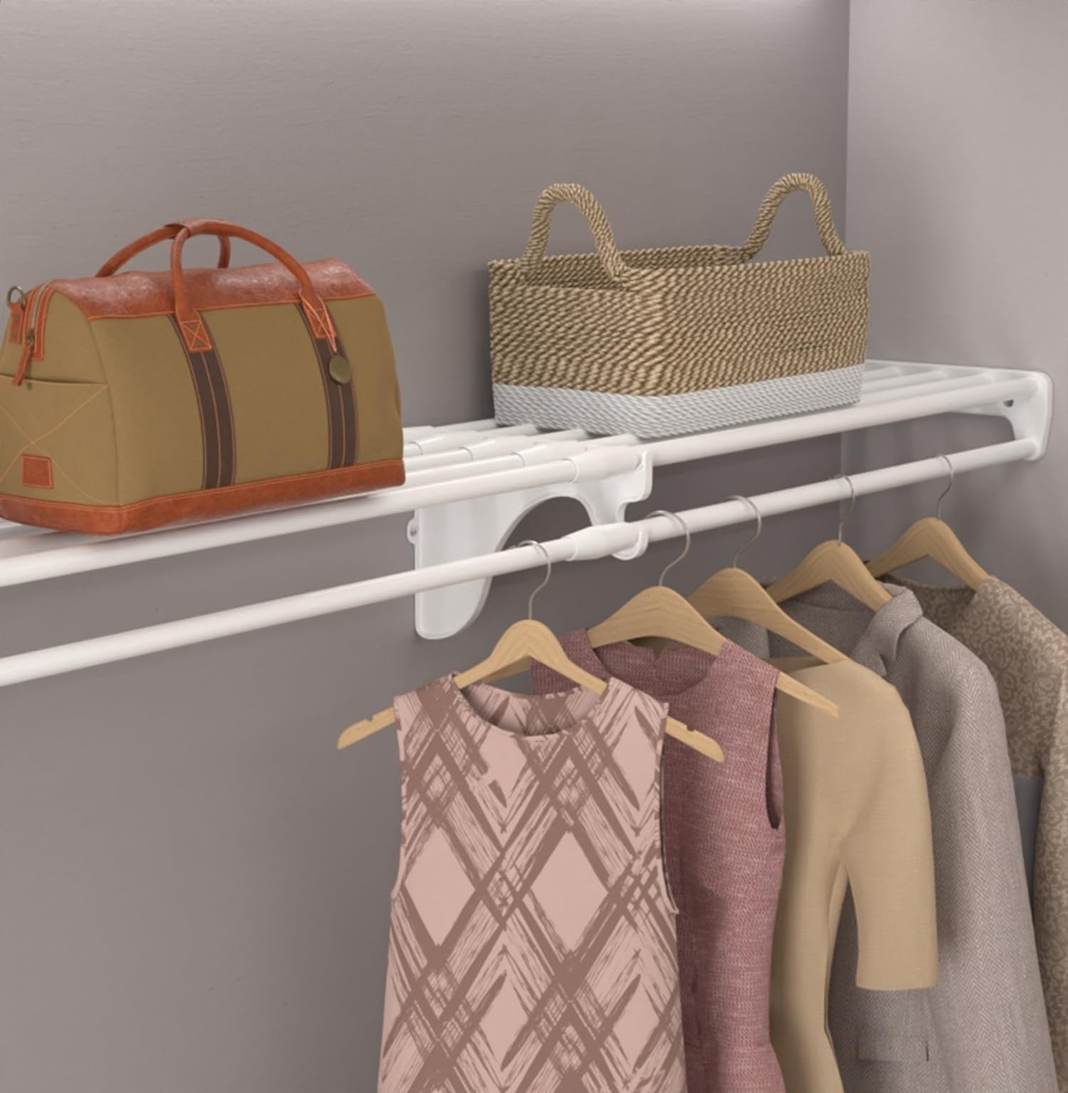 EZ Shelf DIY Expandable Closet Shelf & Rod - 28β - 48β - White - Mounts to 2 Sidewalls (No End Brackets) - Easy to Install-Strong - Wire Shelving Alternative - Rod & Shelf Kit (EZS-SCRW48)